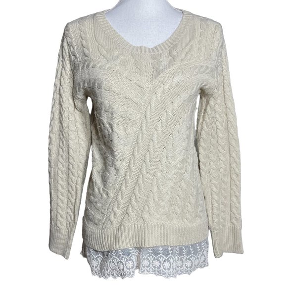Monteau | Sweaters | Cable Knit Lace Trim Sweater S Cream Ivory Knit ...
